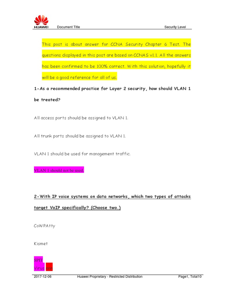 1-As A Recommended Practice For Layer 2 Security, How Should VLAN 1 Be ...