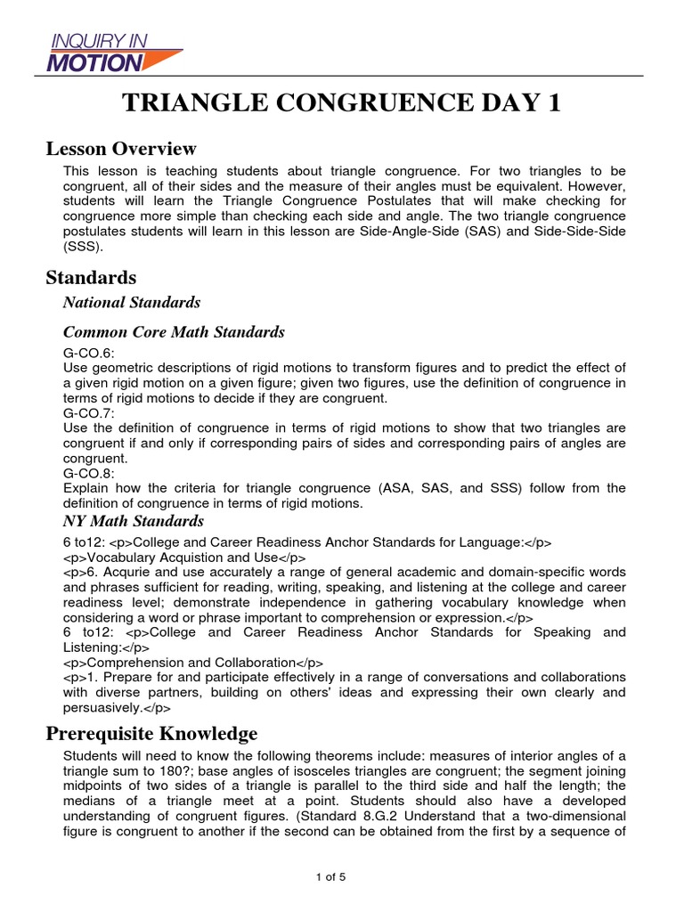 Triangle Congruence Day 1: Lesson Overview | PDF | Triangle | Cognition