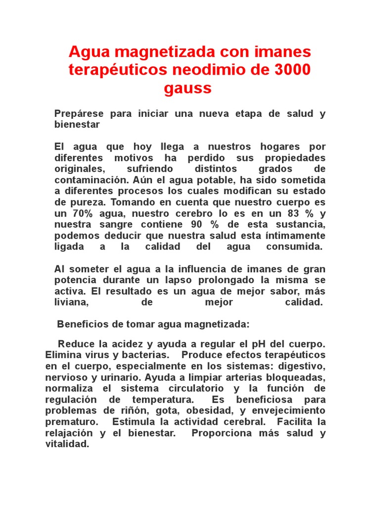 Agua Magnetizada Con Imanes Terap+®uticos Neodimio de 3000 Gauss | PDF ...