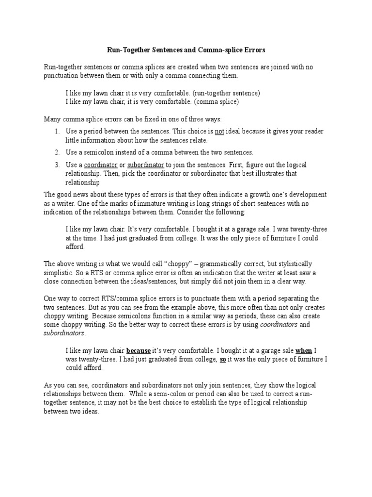 Run-Together Sentences and Comma-Splice Errors: Subordinators | PDF | Comma