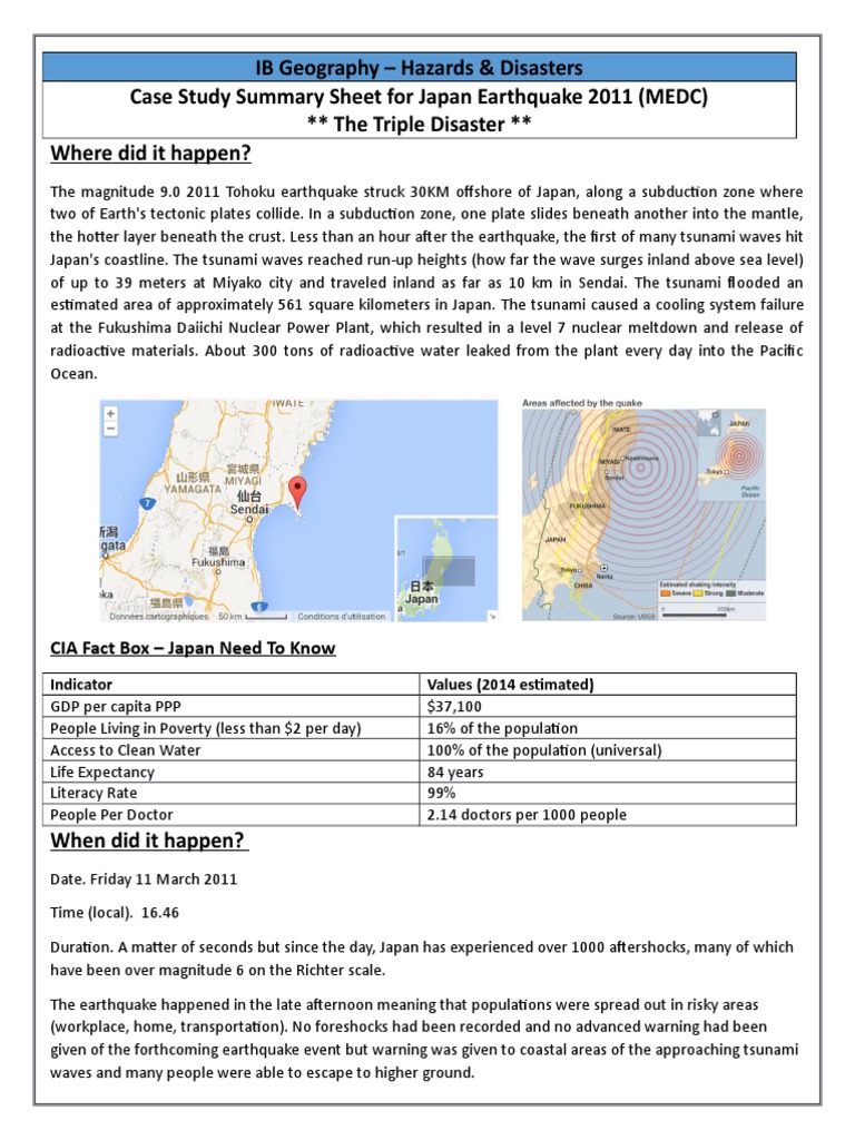 IB Geography - Hazards & Disasters Case Study Summary Sheet For Japan ...