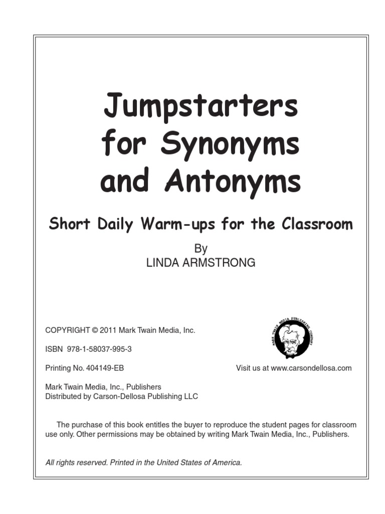 Jumpstarters For Synonyms and Antonyms: Short Daily Warm-Ups For The ...