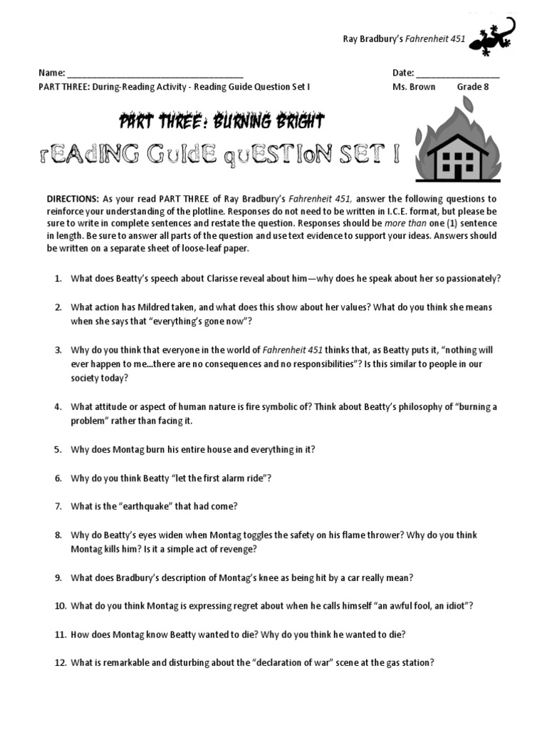 Fahrenheit 451 - Part Three - Reading Guide Question Set I PDF | PDF ...