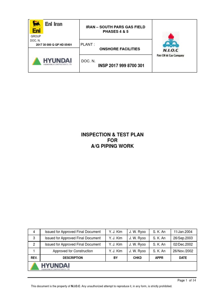 Insp 2017 999 8700 0301 Inspection Test Plan for a Piping Work ...