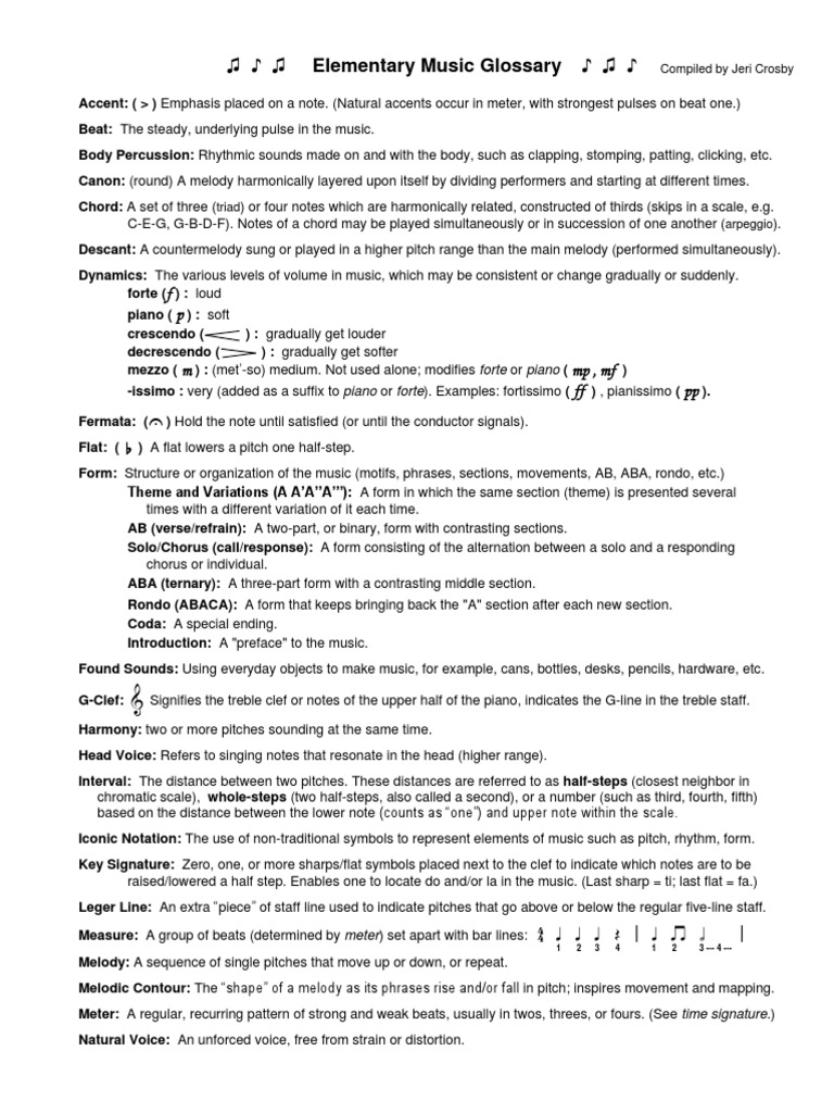 Elementary Music Glossary Terms | PDF | Tempo | Rhythm