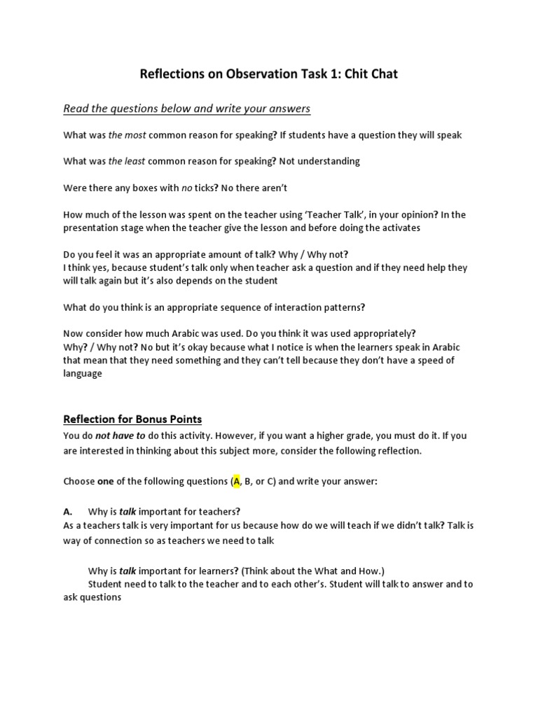 Reflections On Observation Task 1: Chit Chat: Read The Questions Below and Write Your Answers | PDF
