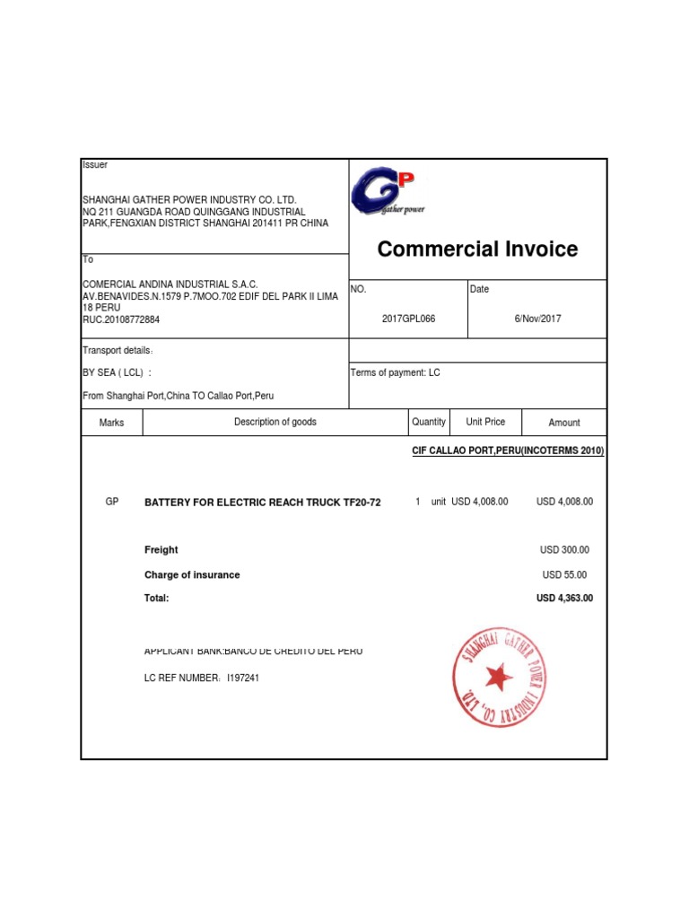 Commercial Invoice: Battery For Electric Reach Truck Tf20-72 | PDF
