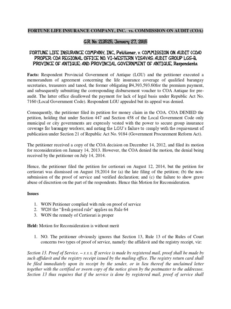 Fortune Life Insurance Co Inc v COA G R No 213525 | Registered Mail ...