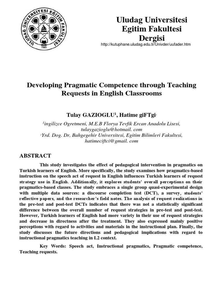 Developing Pragmatic Competence Through Teaching Requests in English Classrooms | PDF | Second ...