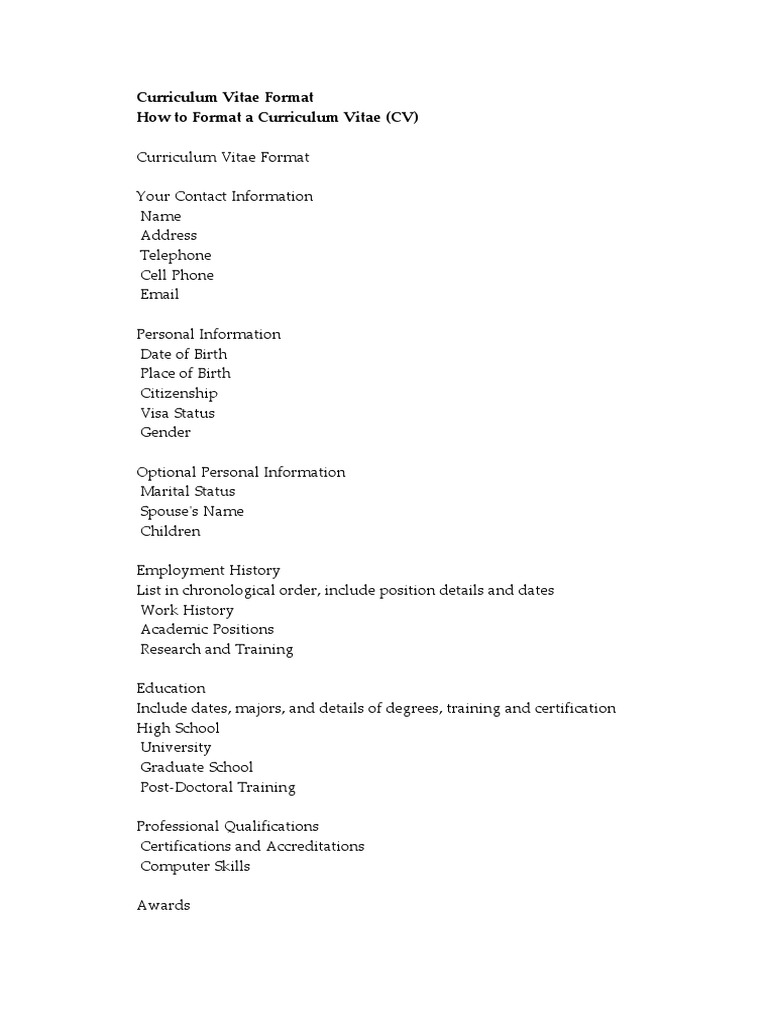 Curriculum Vitae Format How To Format A Curriculum Vitae (CV) | PDF