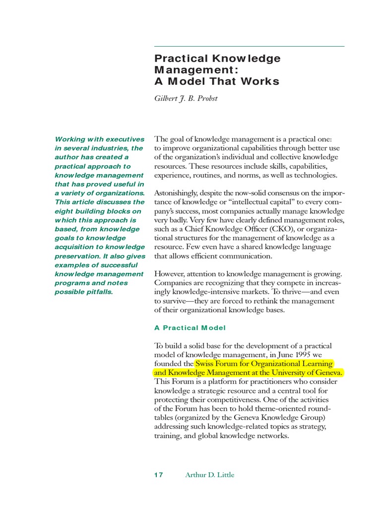 2 Practical KM A Model That Works Arthur D Little | PDF | Knowledge ...