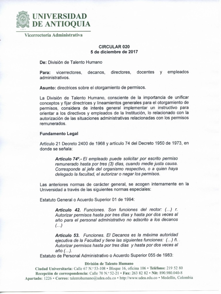 Circular 020 de 2017. División Talento Humano | PDF