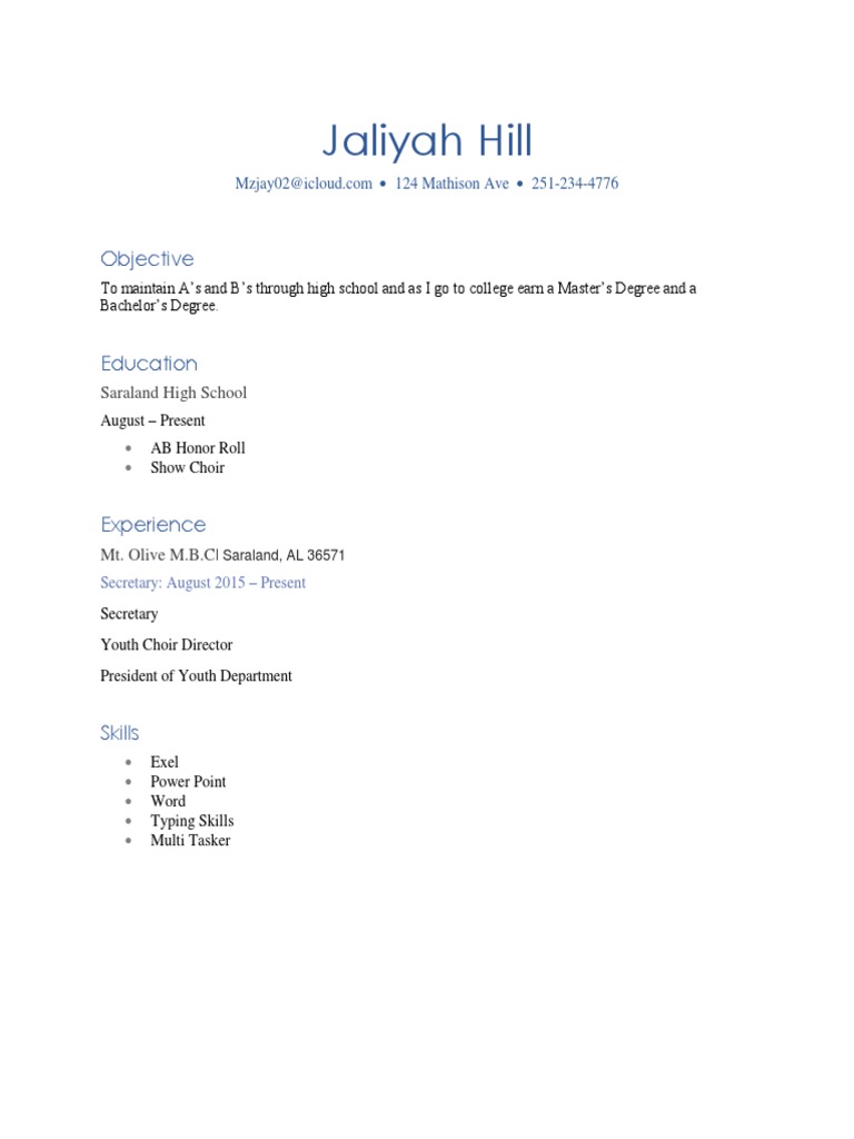 Hill Jaliyah Resume 1 Pdf