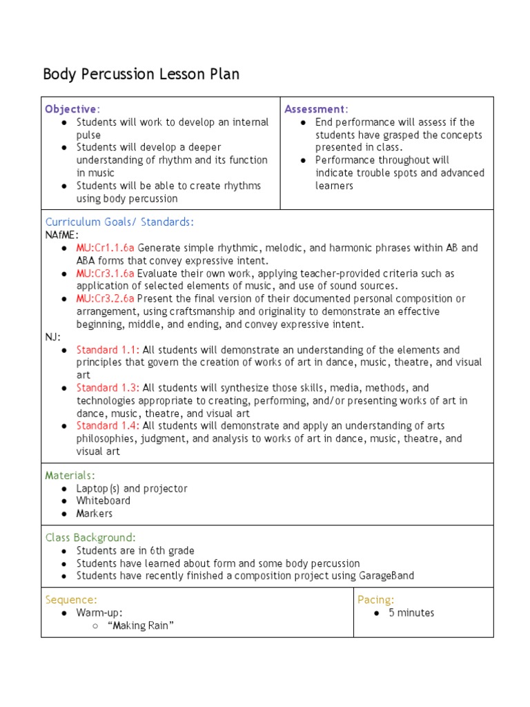Body Percussion Lesson Plan | PDF | Teaching | Learning