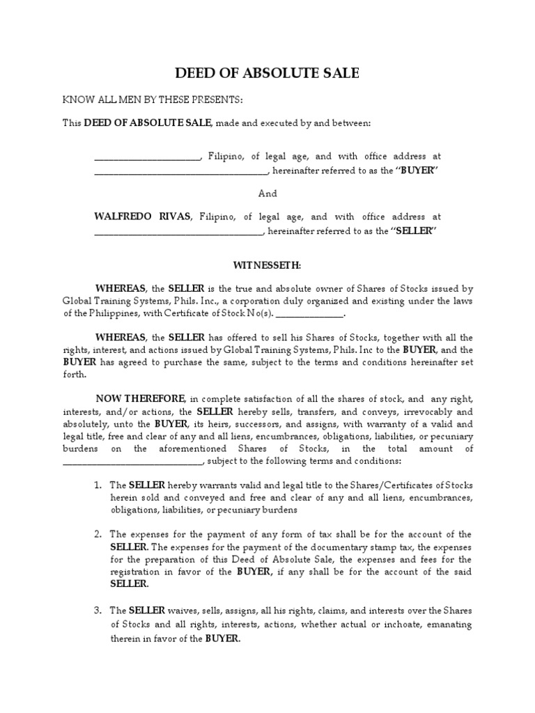 Sample Deed of Absolute Sale of Shares of Stock | Deed | Stocks