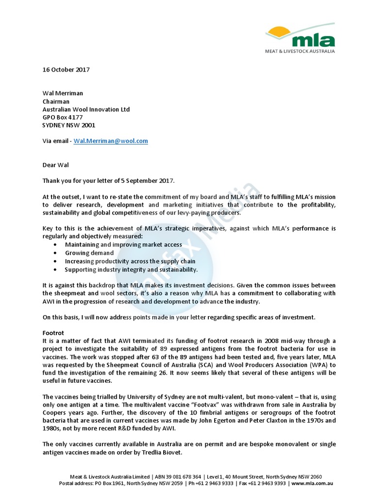 MLA letter | Sheep | Wellness