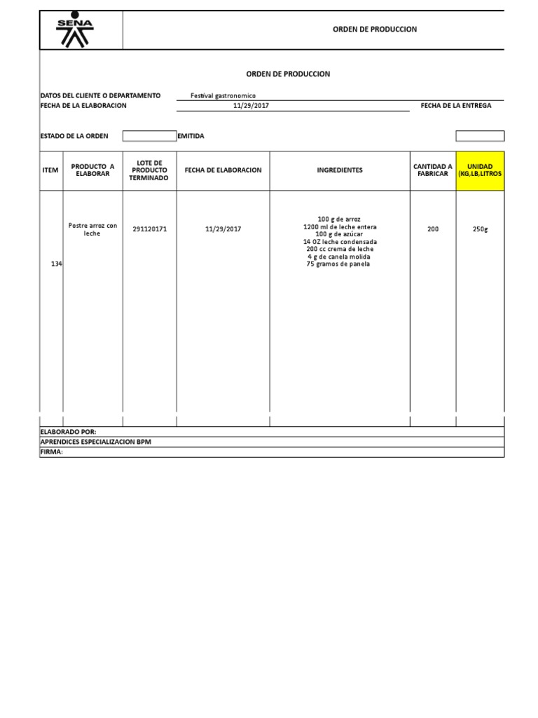 Formato de Orden de Produccion | PDF