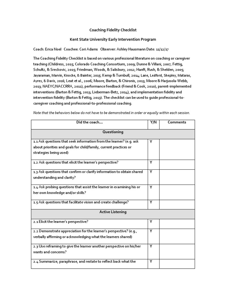 Coaching Fidelity Checklist Kent State University Early Intervention ...