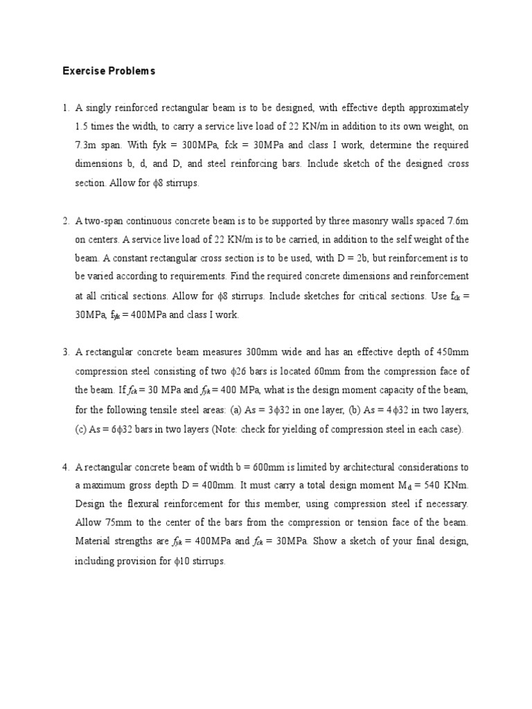 Exercise Problems Flexure | PDF | Beam (Structure) | Reinforced Concrete