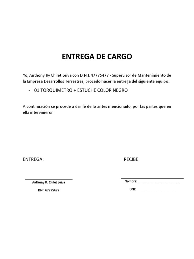 Entrega de Cargo - Modelo | PDF | Finanzas y dinero | Derecho