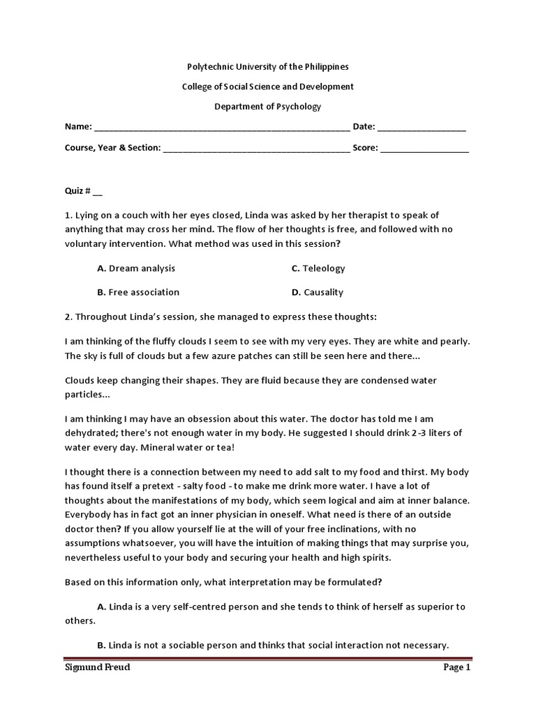 Sigmund Freud Questionnaire | PDF | Unconscious Mind | Dream Interpretation