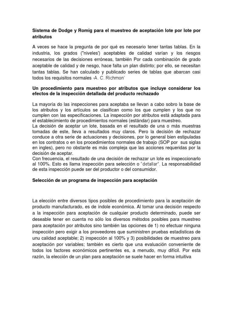 Sistema de Dodge y Romig para El Muestreo de Aceptación Lote Por Lote ...