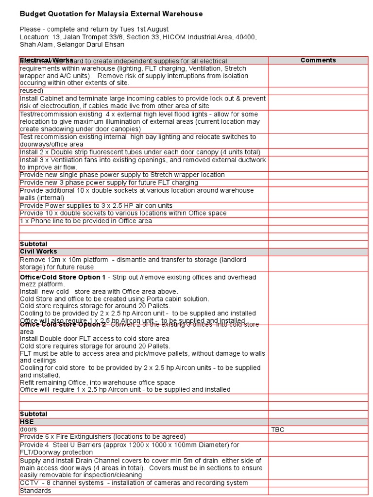 Request For Budget Quotation External Warehouse | PDF | Air ...