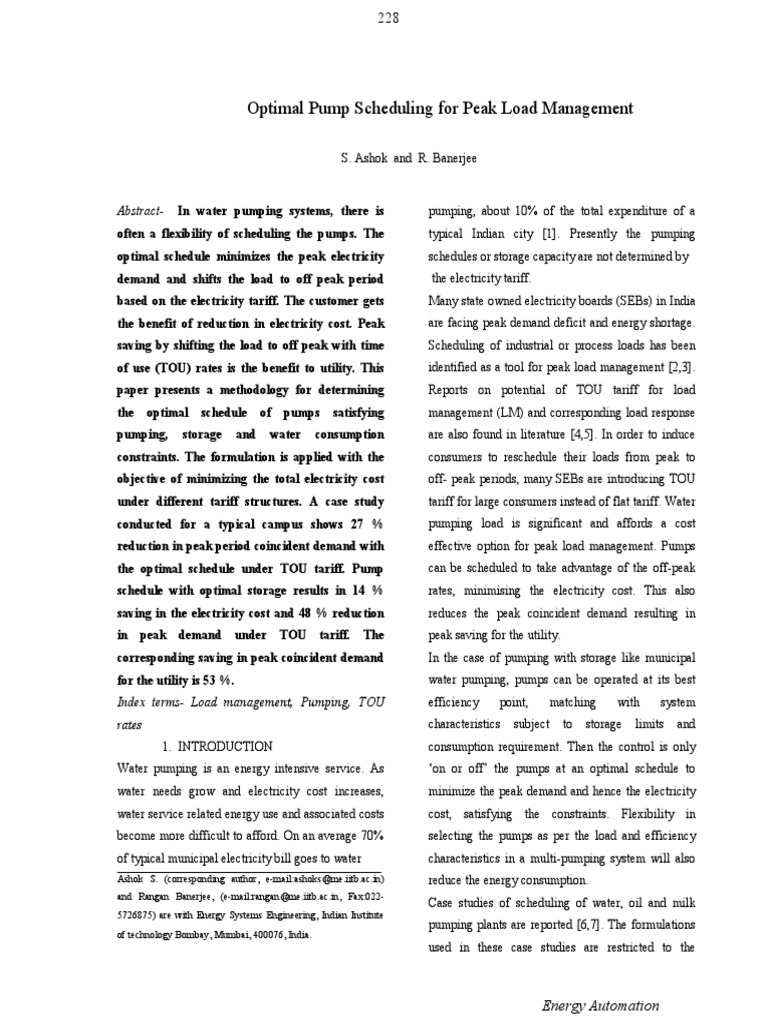 Optimal Pump Scheduling For Peak Load Management: Abstract-In Water Pumping Systems, There Is ...