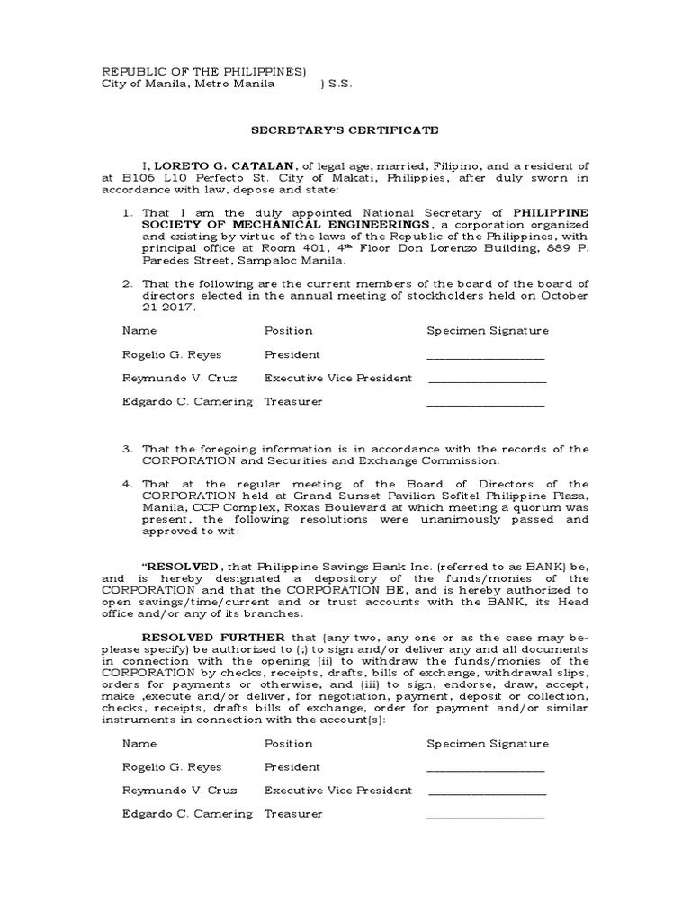 Secretary Certification For PSBANK | PDF | Negotiable Instrument | Manila