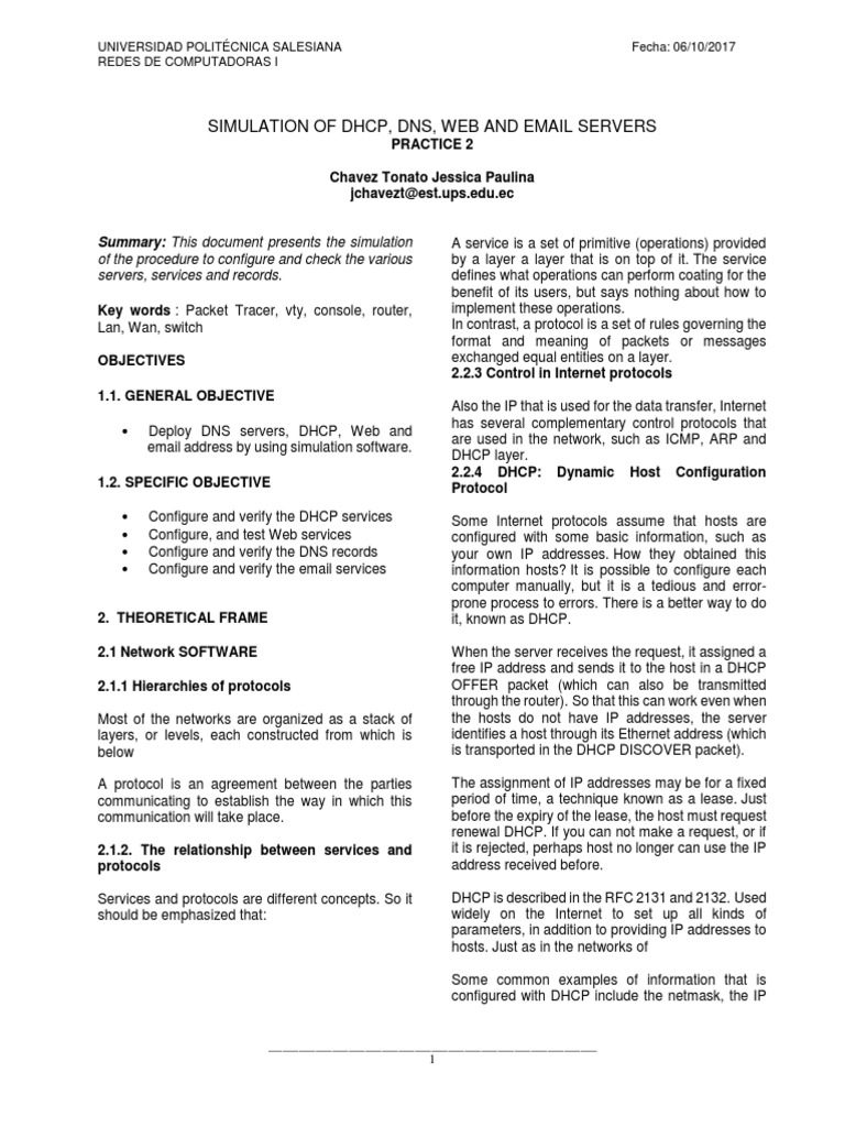 Simulation of DHCP, DNS, Web and Email Servers: Summary: This Document ...