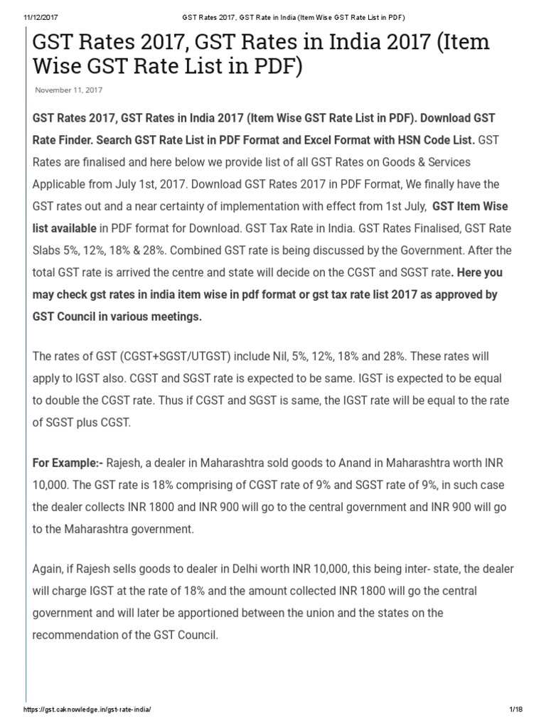 GST Rates 2017, GST Rate in India (Item Wise GST Rate List in PDF | PDF ...