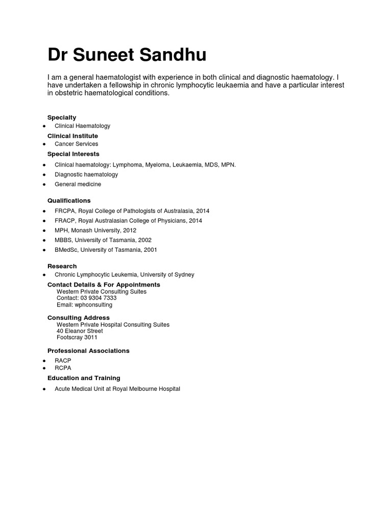 DR Suneet Sandhu Bio | PDF | Leukemia | Medicine