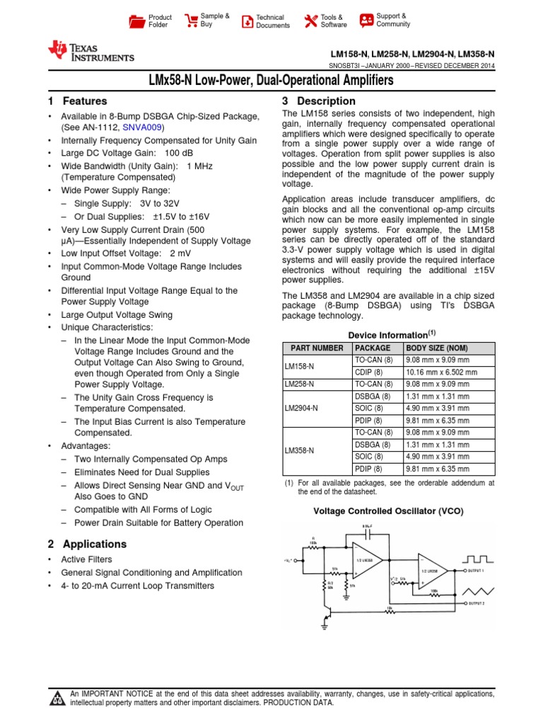 358 Datasheet | PDF | Amplifier | Operational Amplifier