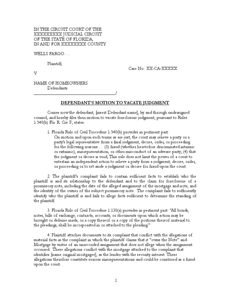 Florida Motion To Vacate Judgment | PDF | Standing (Law) | Complaint