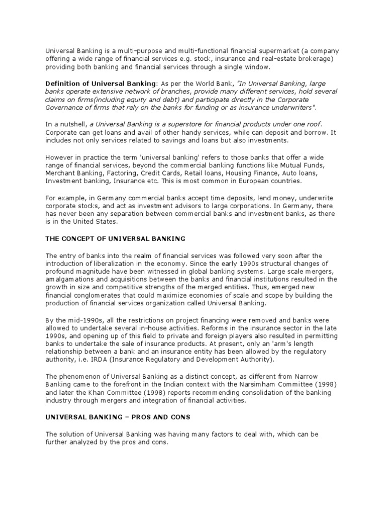 Definition of Universal Banking: As Per The World Bank, "In Universal ...