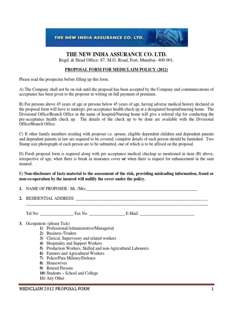 Mediclaim 2012 Proposal Form | PDF | Insurance | Medicine