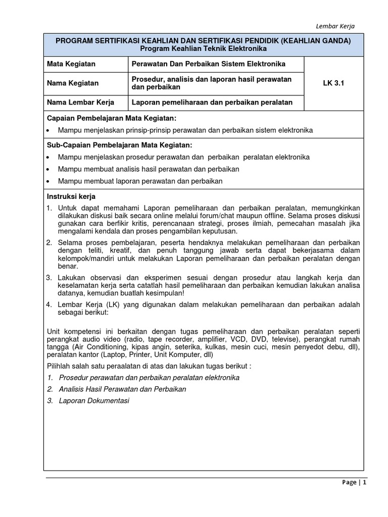 LK 3.1 Laporan Pemeliharaan Dan Perbaikan Peralatan | PDF | Bisnis | Komputer