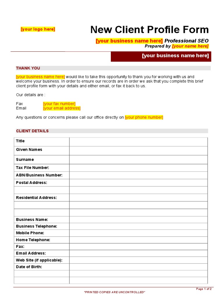 New Client Profile Form | PDF