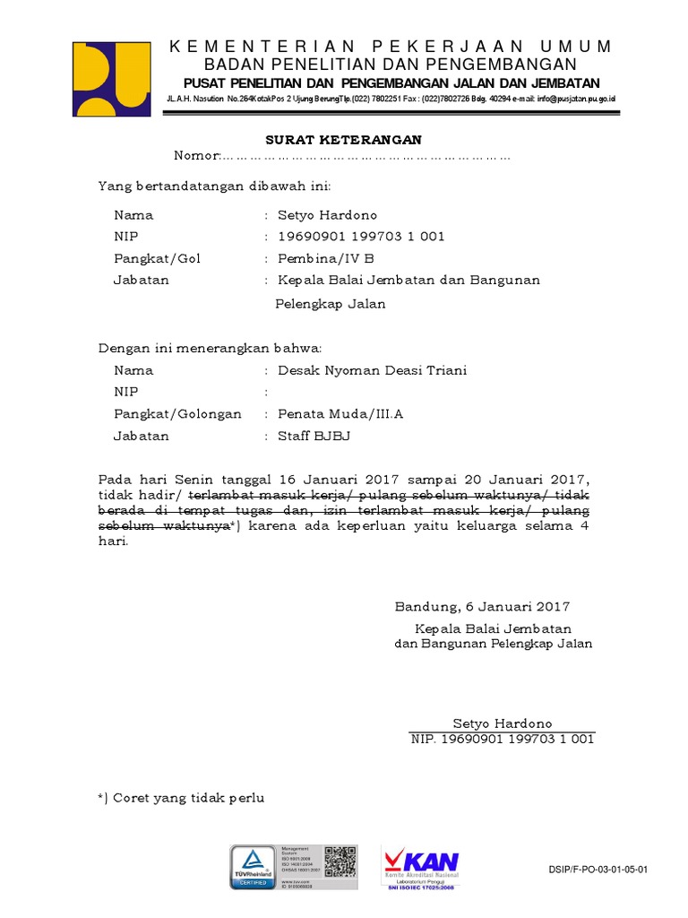 Surat Ijin Dari Atasan | PDF