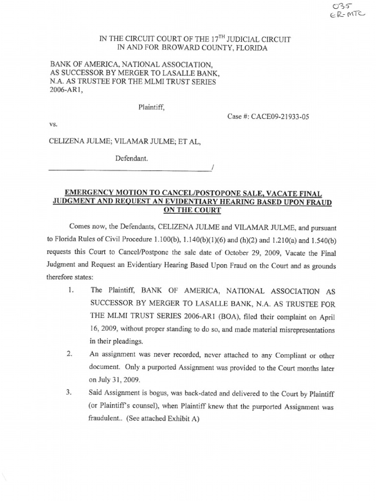 Emergency Motion to Vacate Judgment in Foreclosure | PDF | Politics ...