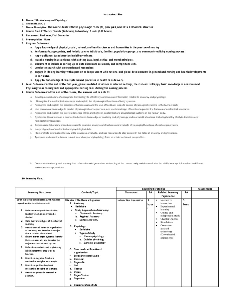 Anatomy and Physiology Course Plan | PDF | Anatomical Terms Of Motion | Nervous System