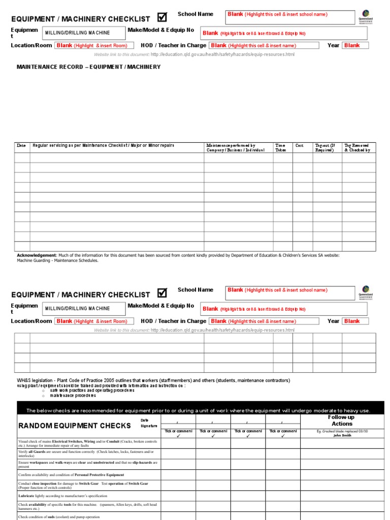 Milling/Drilling Machine Checklist | PDF | Belt (Mechanical) | Drilling