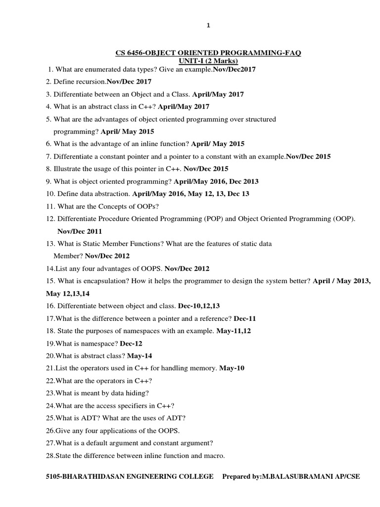Cs 6456-Object Oriented Programming-Faq UNIT-I (2 Marks) | PDF | C++ | Java (Programming Language)
