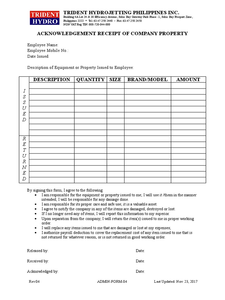 Receipt Company Property Form - New | PDF