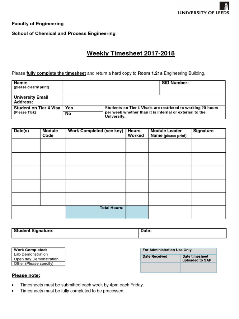 Weekly Timesheet 2017-2018: Faculty of Engineering School of Chemical ...