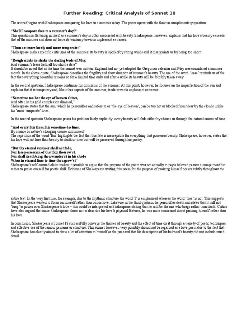 Further Reading - Critical Analysis of Sonnet 18 | PDF | British Poems ...