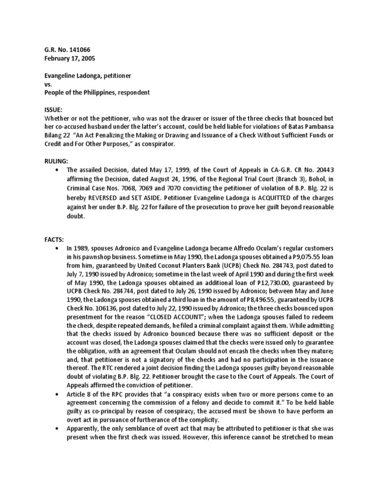 Ladonga vs. People | Download Free PDF | Conspiracy (Criminal) | Cheque