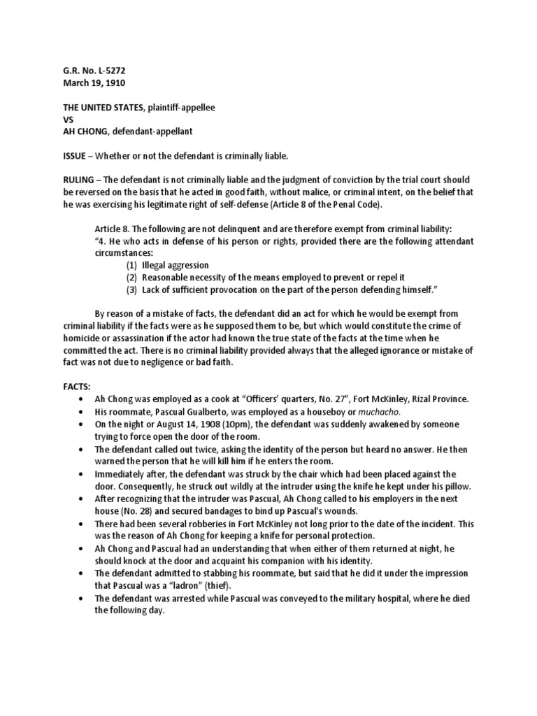 US vs. Ah Chong Case Digest | PDF | Crime & Violence | Crime Thriller