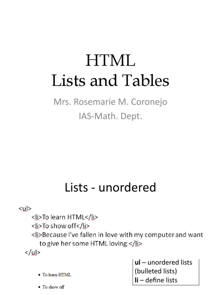 2 - HTML-lists and Tables | PDF