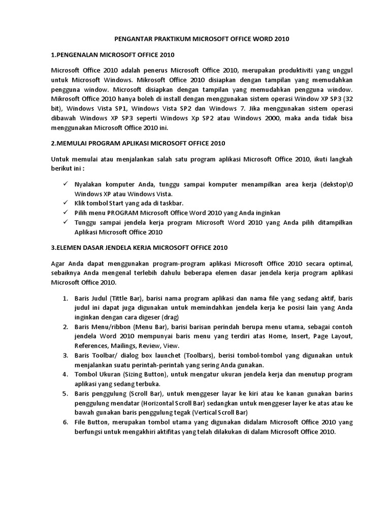 PENGENALAN ELEMEN DASAR JENDELA KERJA MICROSOFT OFFICE WORD 2010 | PDF